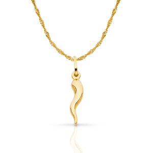 14k yellow gold cornicello italian horn necklace good luck charm pendant with 1.2mm singapore chain necklace - 24"