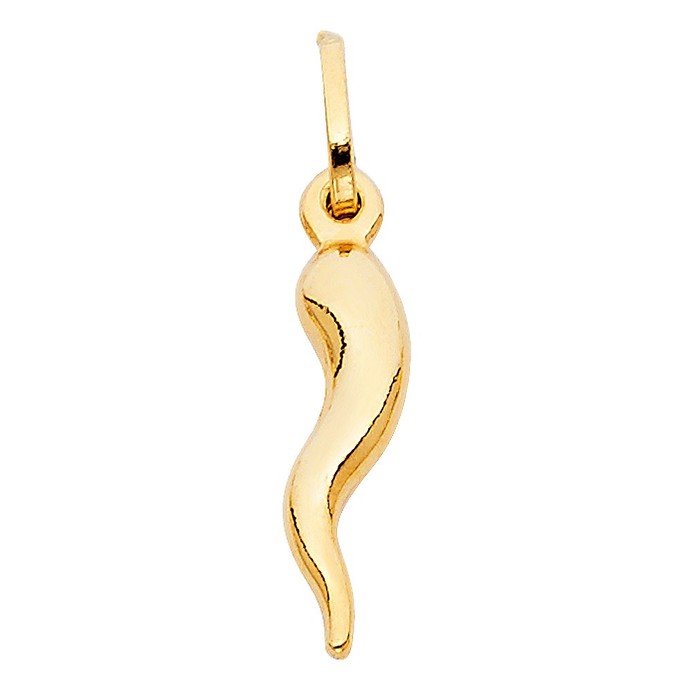 14K Yellow Gold Cornicello Italian Horn Necklace Good Luck Charm Pendant with 1.2mm Singapore Chain Necklace - 24"