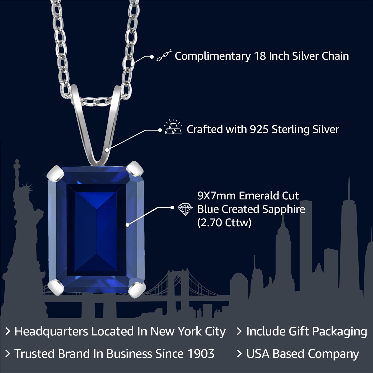 Gem Stone King 925 Sterling Silver Gemstone Birthstone Necklace | Emerald Cut 9X7MM Pendant Necklace for Women | With 18 Inch Silver Chain