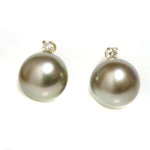 14k gold tahitian south sea diamond pearl stud earrings 8 mm aaa flawless - light chocolate