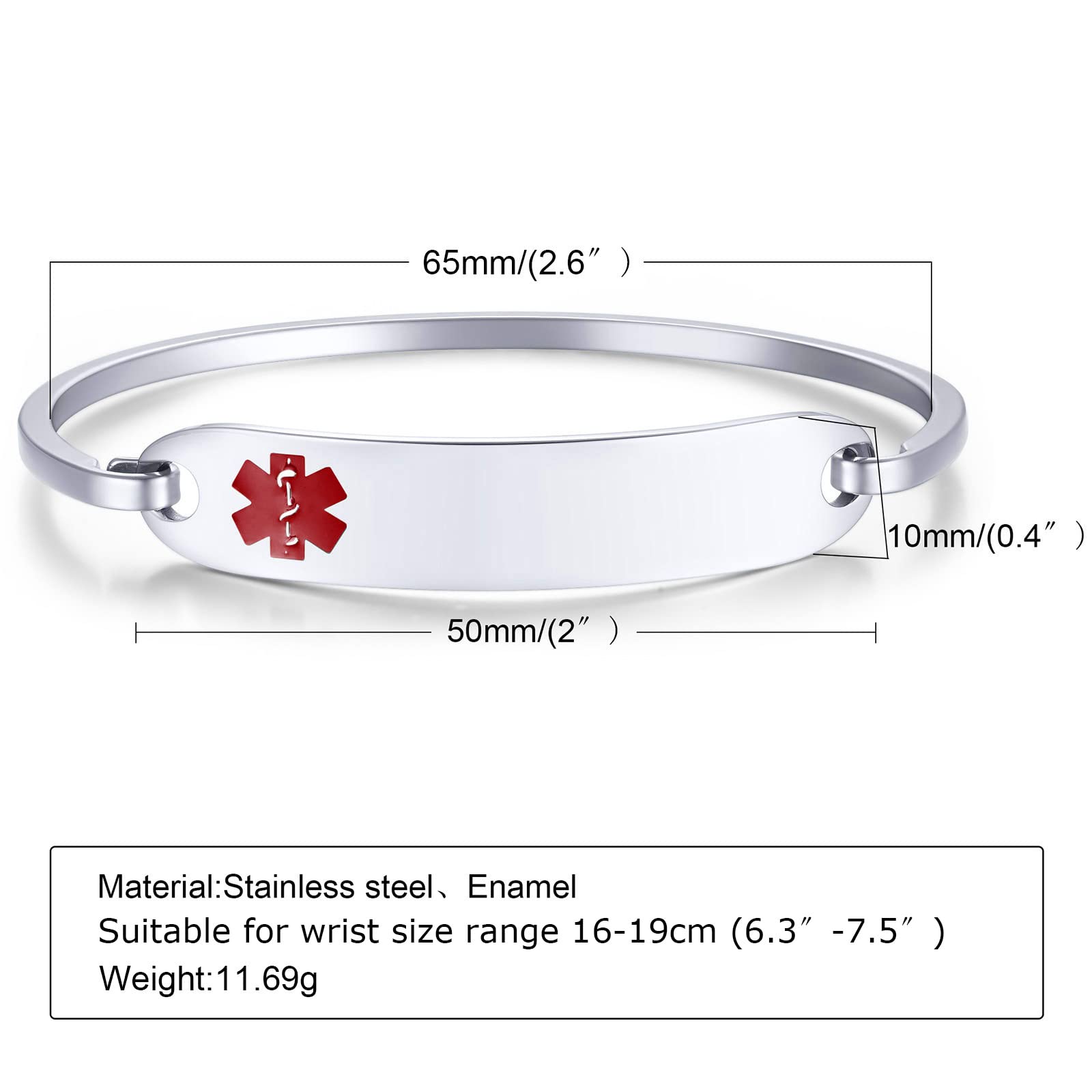 VNOX Medical Alert ID Bracelet - Custom Engraving Stainless Steel Medical Alert ID Bracelet for Women Girl,7"