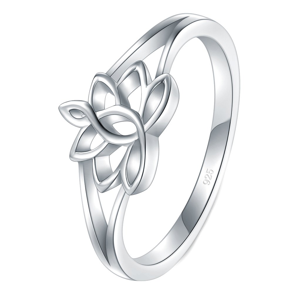 BORUO 925 Sterling Silver Ring, Lotus Flower Yoga High Polish Tarnish Resistant Comfort Fit Wedding Band 2mm Ring Size 8