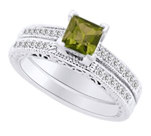 affy 1 cttw simulated green peridot & white natural diamond engagement wedding ring set in 14k white gold ring size 13