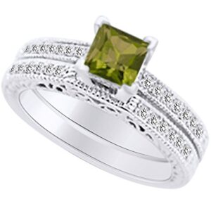 AFFY 1 cttw Simulated Green Peridot & White Natural Diamond Engagement Wedding Ring Set in 14k White Gold Ring Size 13