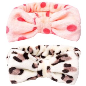 happydaily lovely supersoft shower hair band - ideal hairlace headband for washing face or makeup (2 pack, light gold polka dot + coffee leopard)