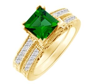 affy 2 cttw simulated green emerald & white natural diamond vintage engagement wedding ring set in 14k yellow gold with ring size 13