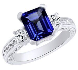 affy 3.04 cttw simulated tanzanite & white natural diamond three stone engagement wedding ring in 14k white gold with ring size 9.5