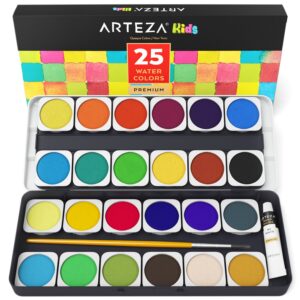 arteza watercolor paint set for kids, 25 water colors, watercolor set includes paint brush, watercolor supplies for kids