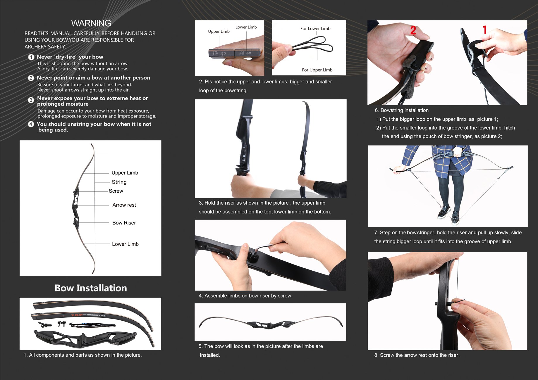 TOPARCHERY Archery Takedown Recurve Bow 60inch Right Handed Riser Bow for Hunting Target Shooting 30-50Lbs Hunting Target Practice Adults with Bow Stringer (YY35LBS)