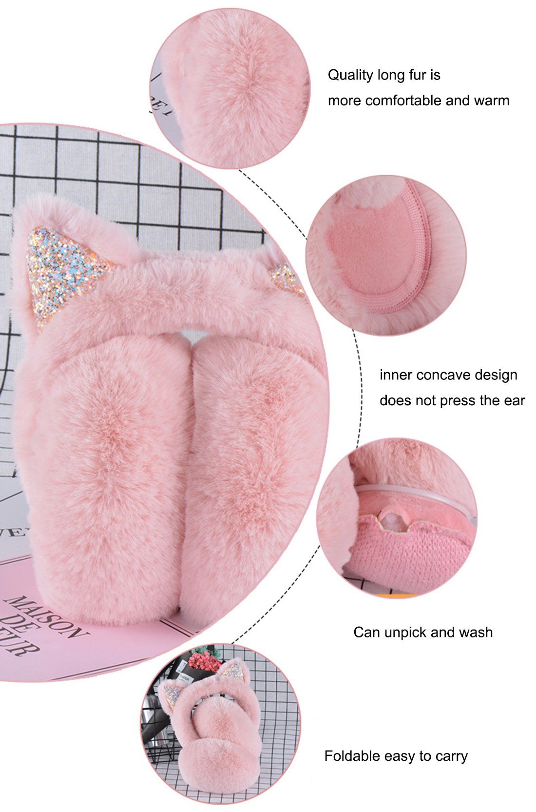 Surblue Foldable Cat Ear Earmuffs Winter Warm Outdoor Ear Covers Headband Fur Ear Warmer, Pink