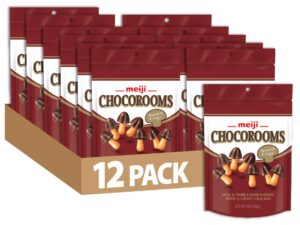 meiji chocorooms crispy crackers, milk and dark chocolate combination - 5 oz, pack of 12 - bite sized crackers in fun mushroom shapes