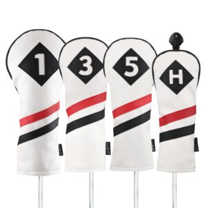 majek retro golf headcovers white red and black vintage leather style 1 3 5 h driver fairway woods and hybrid head cover classic look