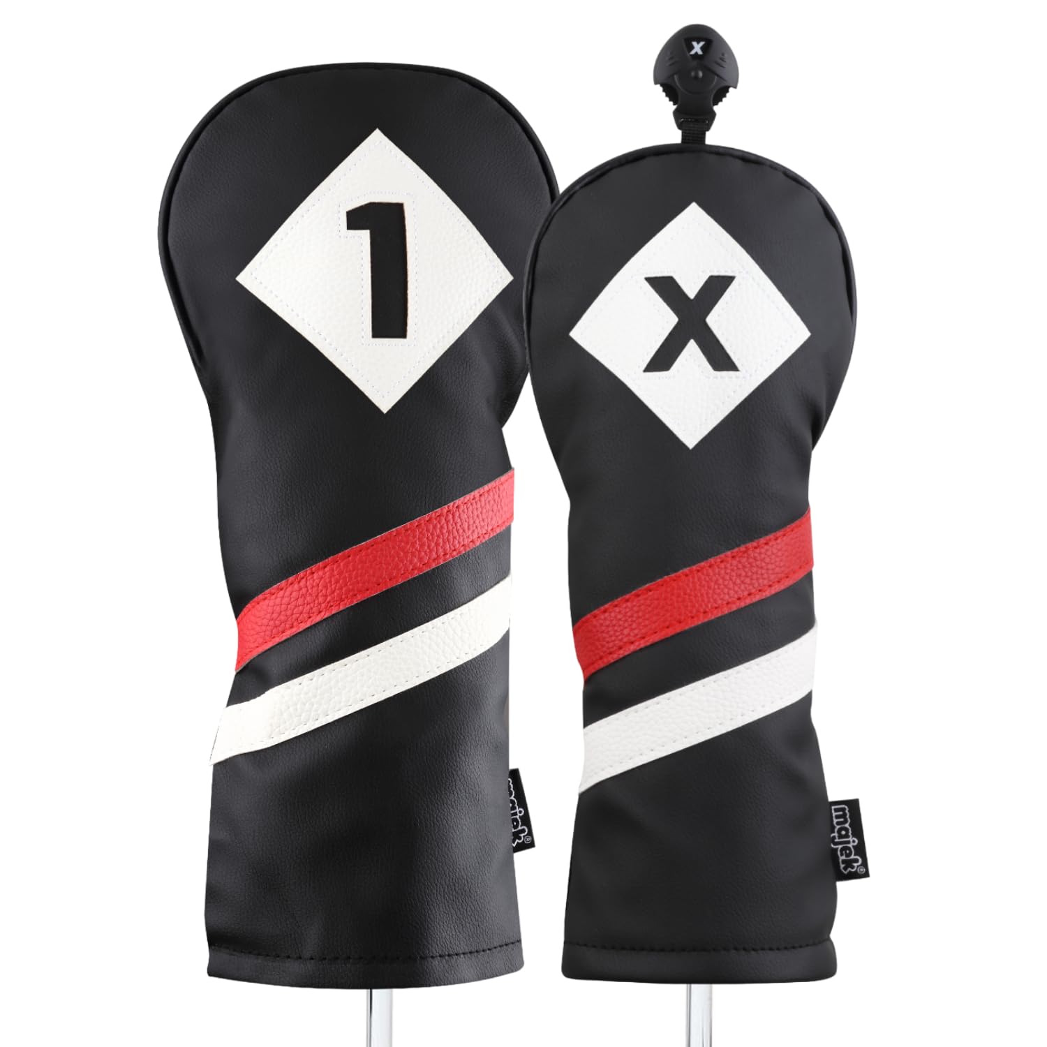 Majek Retro Golf Headcovers Black Red and White Vintage Leather Style 1 X Driver Fairway Wood Head Cover Classic Look