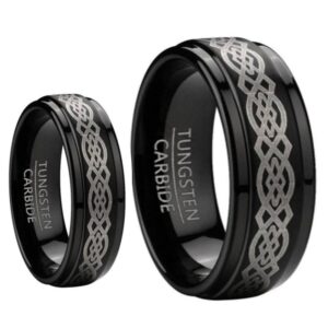 9mm/7mm mens and ladies step edge black enamel celtic knot design center tungsten carbide wedding band ring set