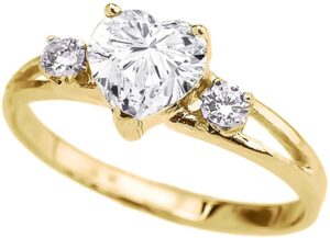 10k yellow gold heart shape cubic zirconia & white topaz split shank three stone ring - size 4