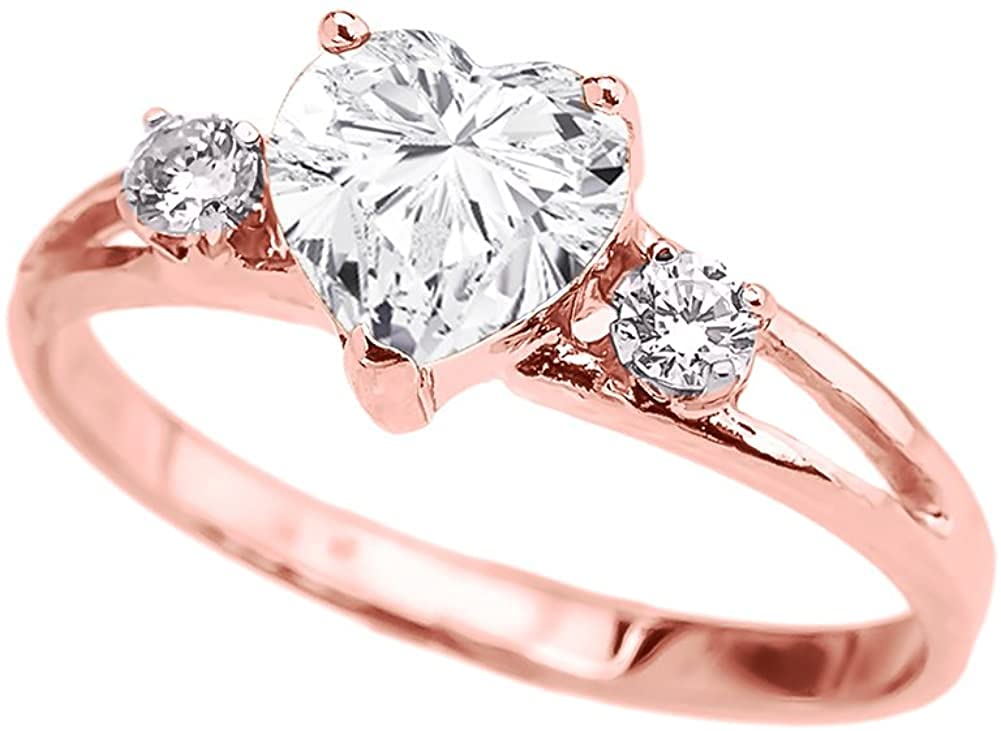 Modern Contemporary Rings 10k Rose Gold Heart Shape Cubic Zirconia & White Topaz Split Shank Three Stone Ring - Size 7