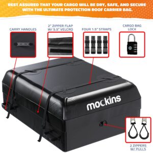 Mockins 16 Cu Ft Rooftop Cargo Carrier Bag Car Topper| 45"x34"x18" Car Top Carriers for Vehicles with Racks or without Roof Rack | Waterproof Cargo Bag with Car Roof Rack Pads, Straps & Door Hooks