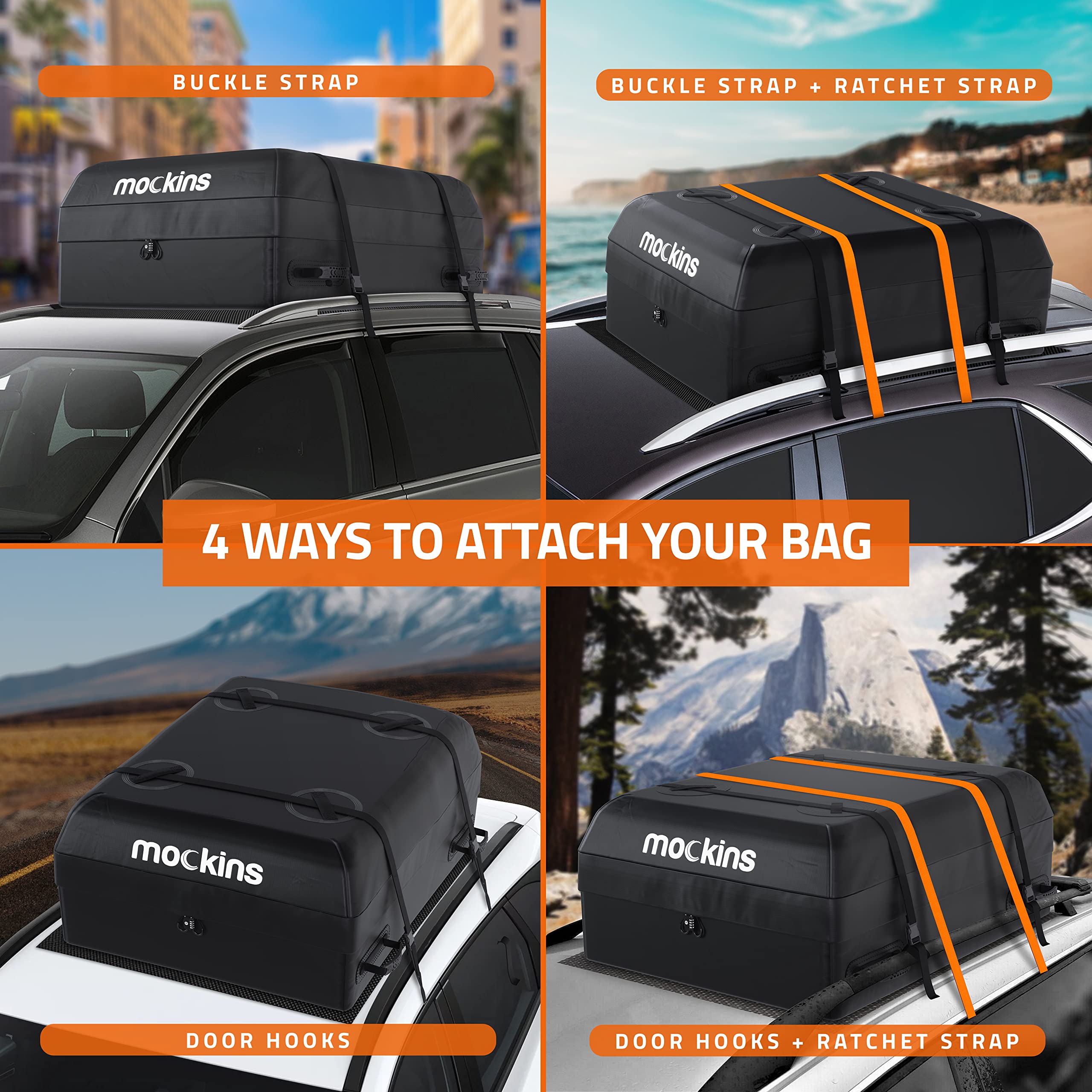 Mockins 16 Cu Ft Rooftop Cargo Carrier Bag Car Topper| 45"x34"x18" Car Top Carriers for Vehicles with Racks or without Roof Rack | Waterproof Cargo Bag with Car Roof Rack Pads, Straps & Door Hooks