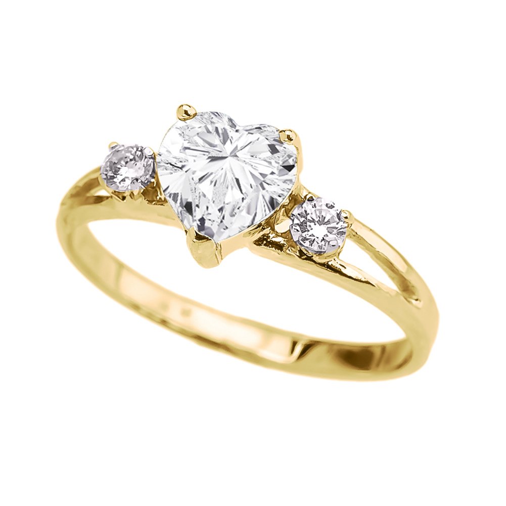 Modern Contemporary Rings 14k Yellow Gold Heart Shape Cubic Zirconia & White Topaz Split Shank Three Stone Ring - Size 10