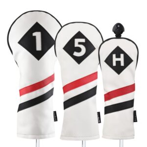 majek retro golf headcovers white red and black vintage leather style 1 5 h driver fairway wood and hybrid head cover classic look