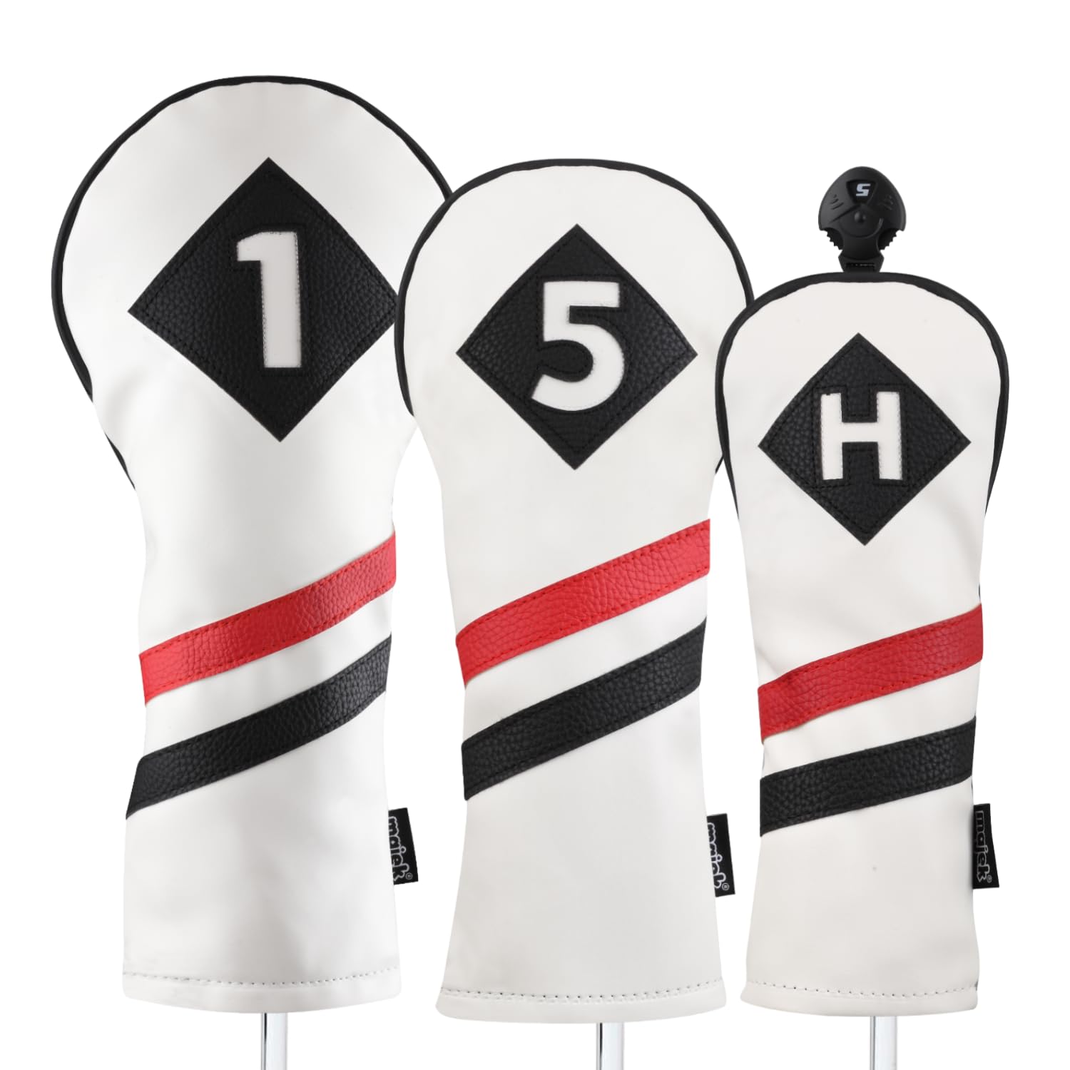 Majek Retro Golf Headcovers White Red and Black Vintage Leather Style 1 5 H Driver Fairway Wood and Hybrid Head Cover Classic Look