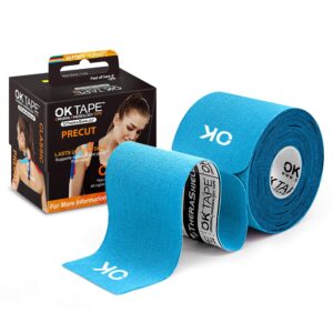 ok tape kinesiology tape 10 inches precut, 20 strips, cotton elastic athletic tape latex free, 2inch x 16ft, light blue