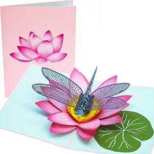 poplife blue dragonfly and lotus 3d pop up card - mother's day, valentine's day, birthday, thank you, get well, anniversary - for friends, sister, wife, grandma, daughter, girlfriend