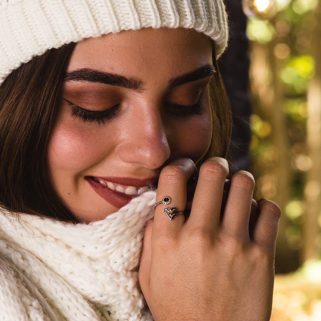 Stone Armory West Virgina Mountaineers Gifts for Women - West Virginia Logo Ring with Crystals - Hypoallergenic and Adjustable Sizes 5-12 - Womens WVU Gifts and WV Gear