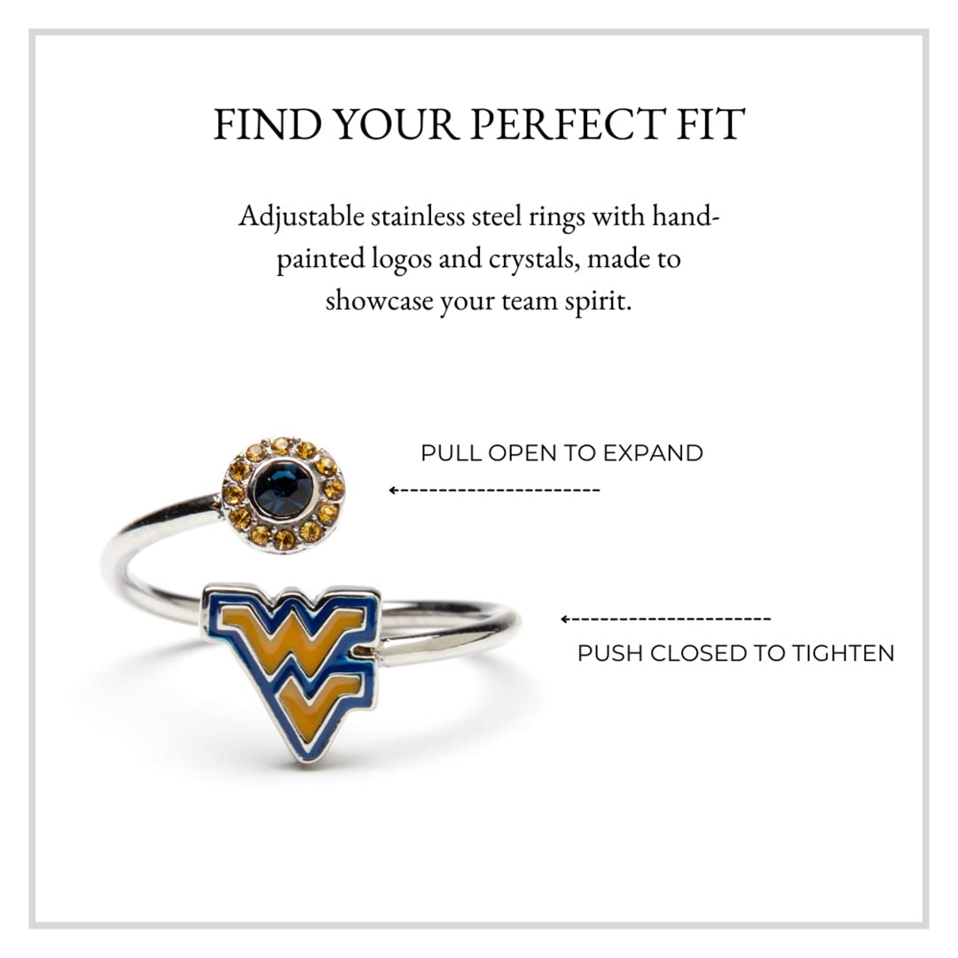 Stone Armory West Virgina Mountaineers Gifts for Women - West Virginia Logo Ring with Crystals - Hypoallergenic and Adjustable Sizes 5-12 - Womens WVU Gifts and WV Gear