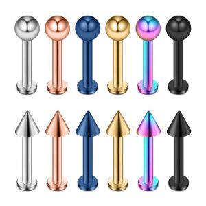 ruifan 12pcs assorted colors stainless steel ball & spike labret monroe lip ring/tragus/helix earring stud barbell body piercing jewelry 12g 12mm