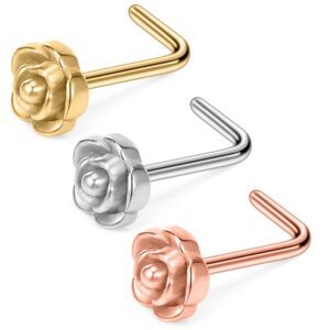 ruifan 3pcs 20g 316l surgical steel rose curved nose stud ring l shaped piercing jewelry - mix color