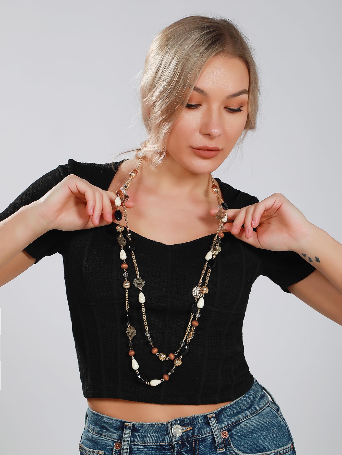 Bocar Long Necklaces for Women Trendy, Boho Layered Crystal Beaded Collar Necklaces for Women Fashion Statement Necklaces Jewelry (NK-10084-Brown)