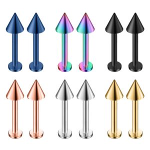 ruifan 12pcs assorted colors stainless steel spike labret monroe lip ring/tragus/helix earring stud barbell body piercing jewelry 14g 10mm