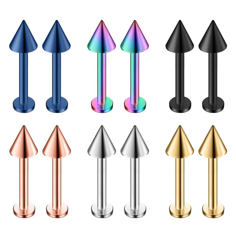 Ruifan 12PCS Assorted Colors Stainless Steel Spike Labret Monroe Lip Ring/Tragus/Helix Earring Stud Barbell Body Piercing Jewelry 14G 10mm