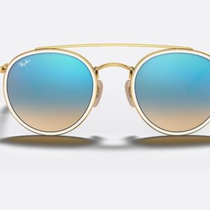 Ray-Ban RB3647N Round Double Bridge Sunglasses, Gold/Blue Brown Mirror Gradient, 51 mm+ BUNDLE with Designer iWear Eyewear Kit