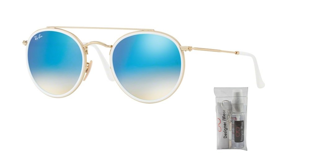 Ray-Ban RB3647N Round Double Bridge Sunglasses, Gold/Blue Brown Mirror Gradient, 51 mm+ BUNDLE with Designer iWear Eyewear Kit