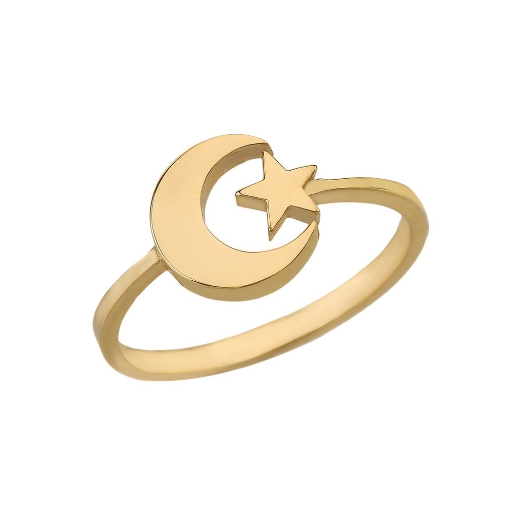 Middle Eastern Jewelry Women's 14k Yellow Gold Islamic Crescent Moon and Star Ring (Size 7)