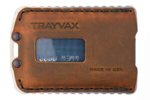 trayvax ascent wallet, rfid front pocket money and credit card holder, minimalist slim leather metal wallet for men and women, raw tobacco brown