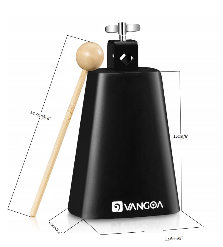 Vangoa 6 inch Metal Steel Cow Bells Noise Makers Hand Percussion Cowbell with Stick for Drum Set, Black