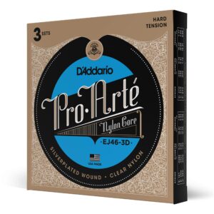 D'Addario Guitar Strings - Pro-Arte Classical Guitar Strings - EJ46-3D - Nylon Guitar Strings - Silver Plated Wound, Nylon Core - Hard Tension, 3-Pack