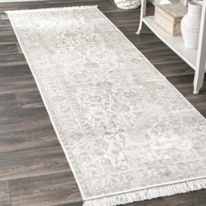 nuloom elyse vintage floral fringe runner rug, 2' 8" x 8', ivory