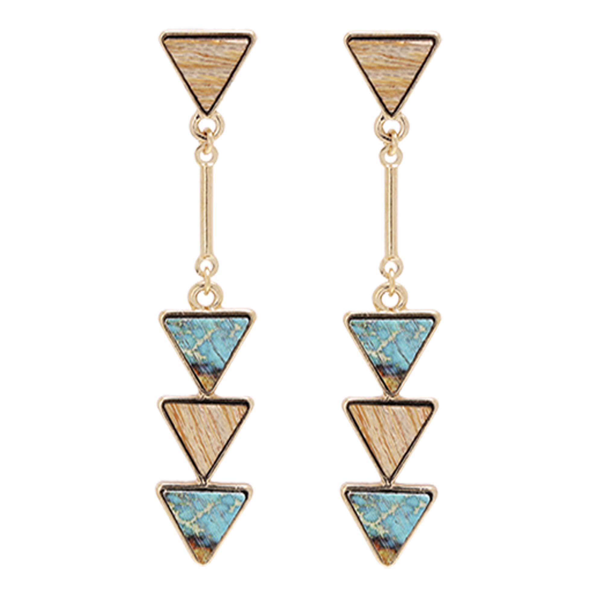 BONALUNA Bohemian Wood And Marble Effect Triangle Drop Statement Earrings (TURQ)