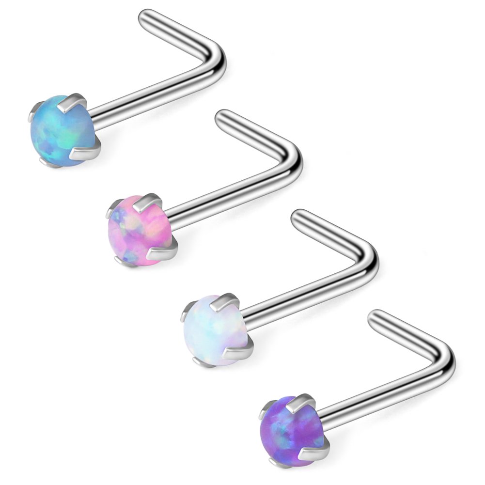 Ruifan 22G 316L Surgical Steel 3mm Mix Color Opal Nose L-Shaped Rings Studs Ring Body Piercing Jewelry 4PCS