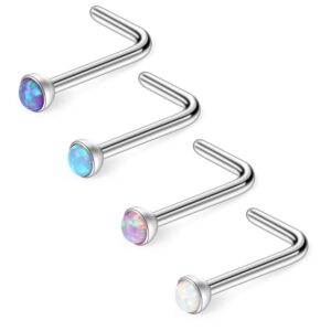 Ruifan 4PCS 22G 316L Surgical Steel 2mm Jeweled Mix Color Opal Nose L Shaped Studs Rings Pin Piercing Jewelry