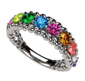 central diamond center rope mothers ring 1 to 10 simulated birthstones - sterling silver - platinum plated - size 7