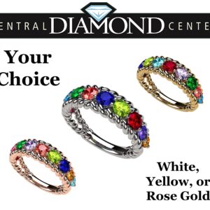 Central Diamond Center Rope Mothers Ring 1 to 10 Simulated Birthstones - Sterling Silver - Platinum Plated - Size 7