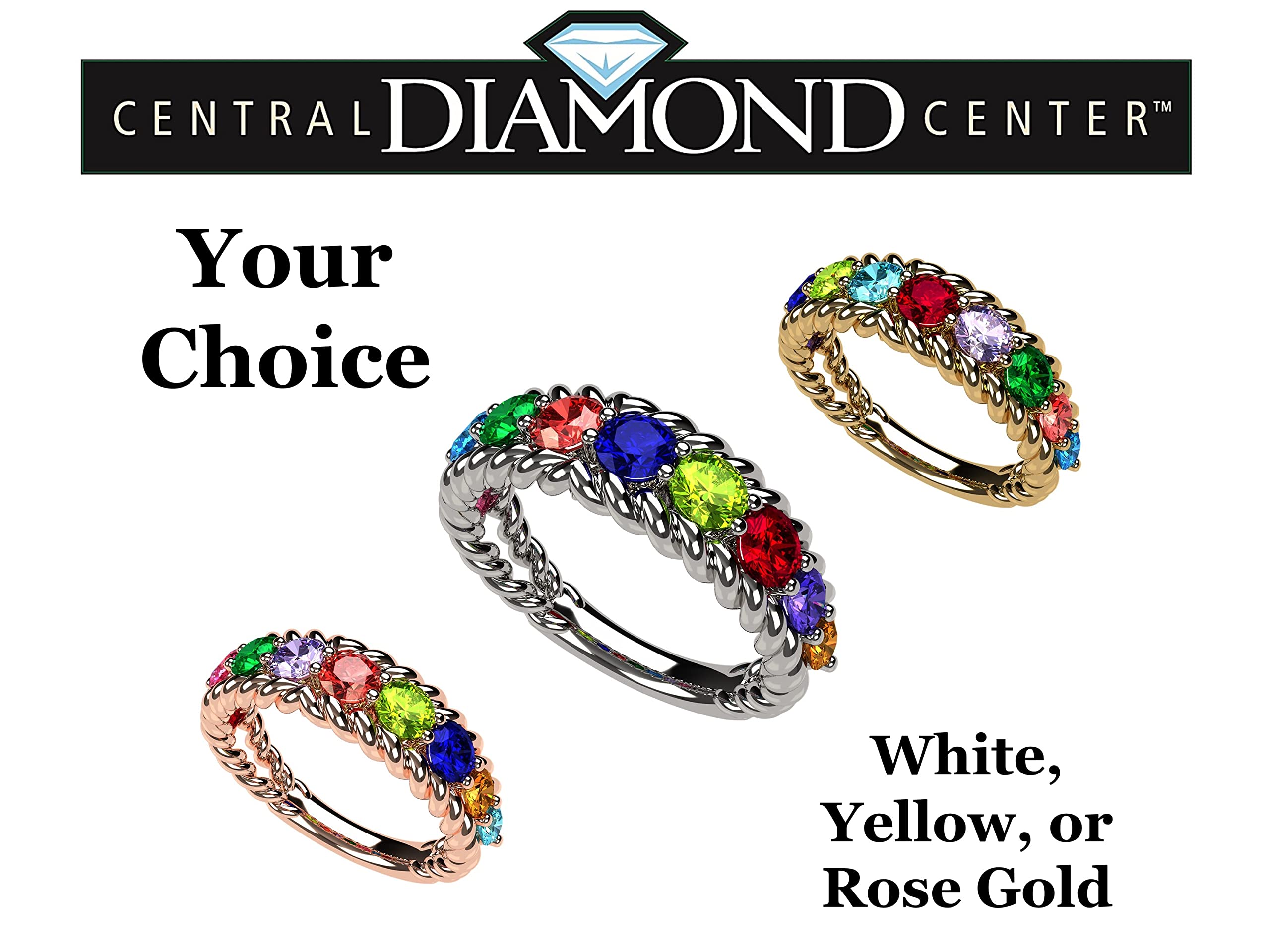 Central Diamond Center Rope Mothers Ring 1 to 10 Simulated Birthstones - Sterling Silver - Platinum Plated - Size 7