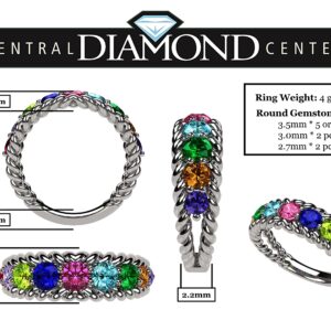 Central Diamond Center Rope Mothers Ring 1 to 10 Simulated Birthstones - Sterling Silver - Platinum Plated - Size 7