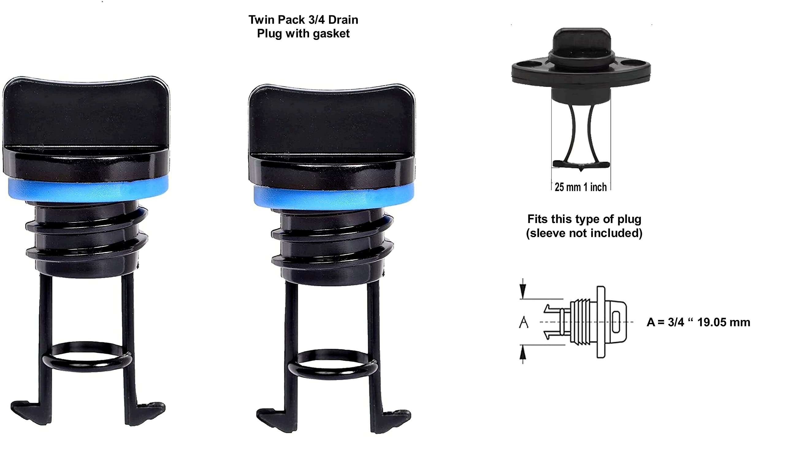 H2o Kayaks Quality Kayak/Boat Drain Plug Pack of Two use with 3/4 inch hole PLEASE SEE IMAGE for SIZE