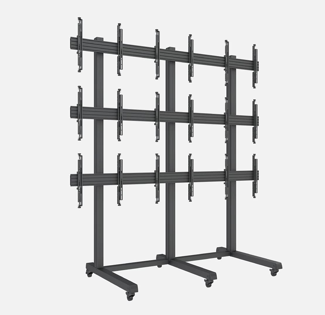 3x3 Video Wall Rolling Mount Cart Display with Micro Adjustment Arms Vesa Universal TV Television